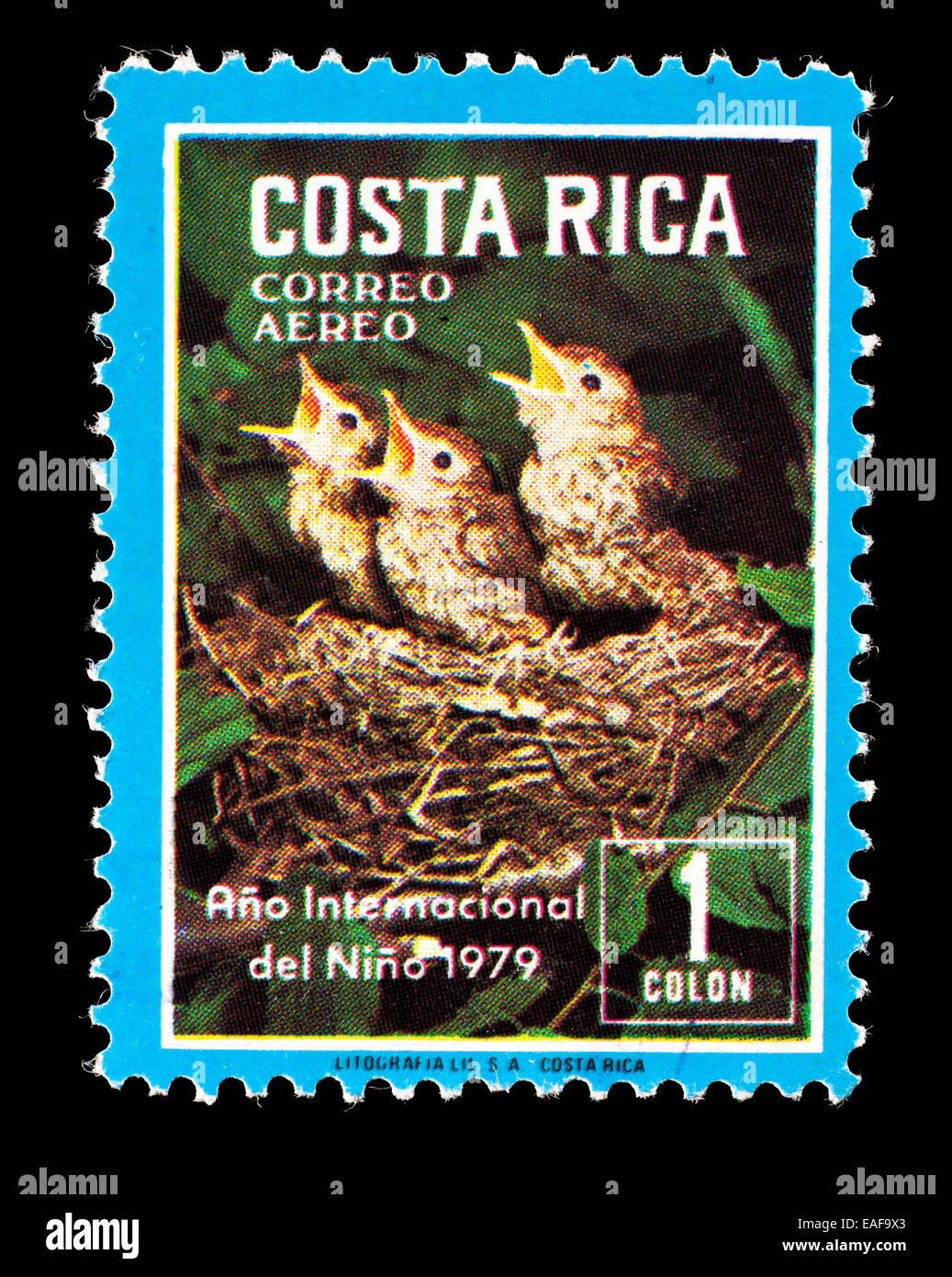 Postage stamp from Costa Rica depicting hungry nestling birds, issued ...
