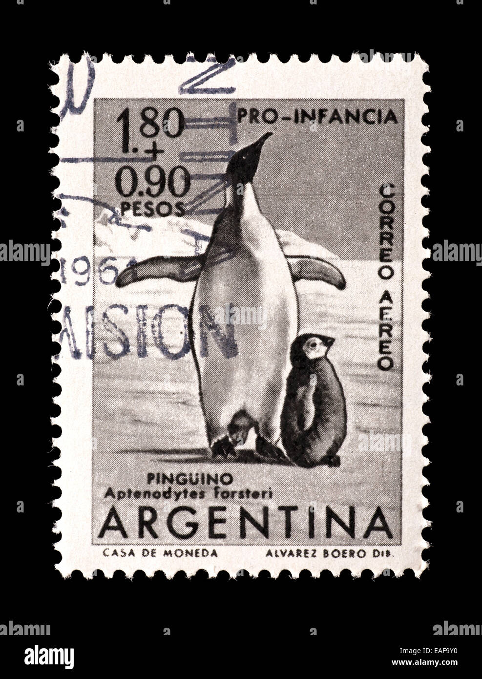 Postage stamp from Argentina depicting an emperor penguin (Aptenodytes ...