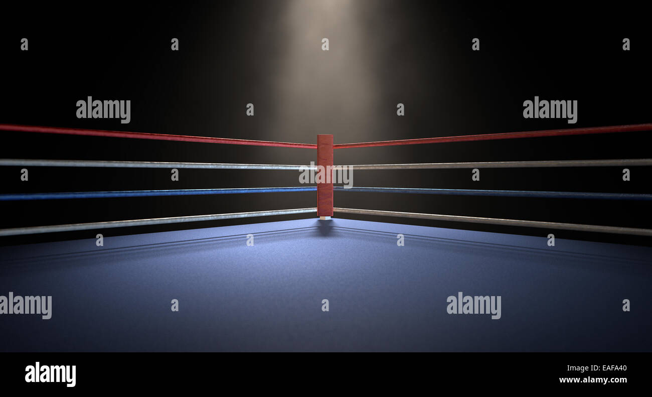 A closeup of the red corner of a regular boxing ring surrounded by ...