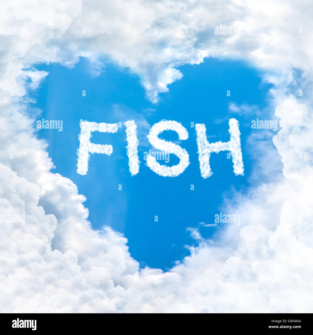 fish word inside love cloud heart shape blue sky background only Stock ...
