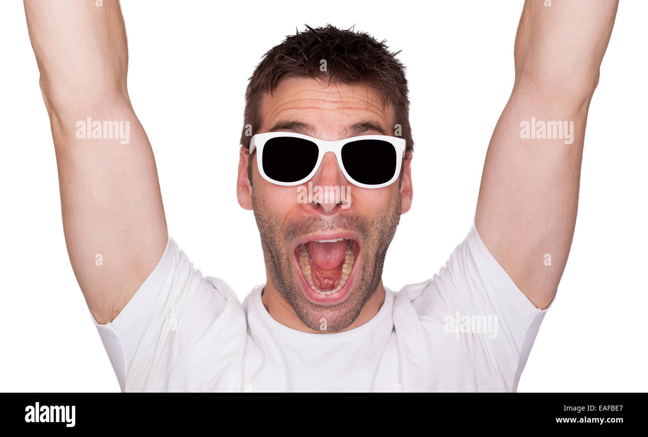 Funny portrait of a man cheering, isolated on white Stock Photo - Alamy