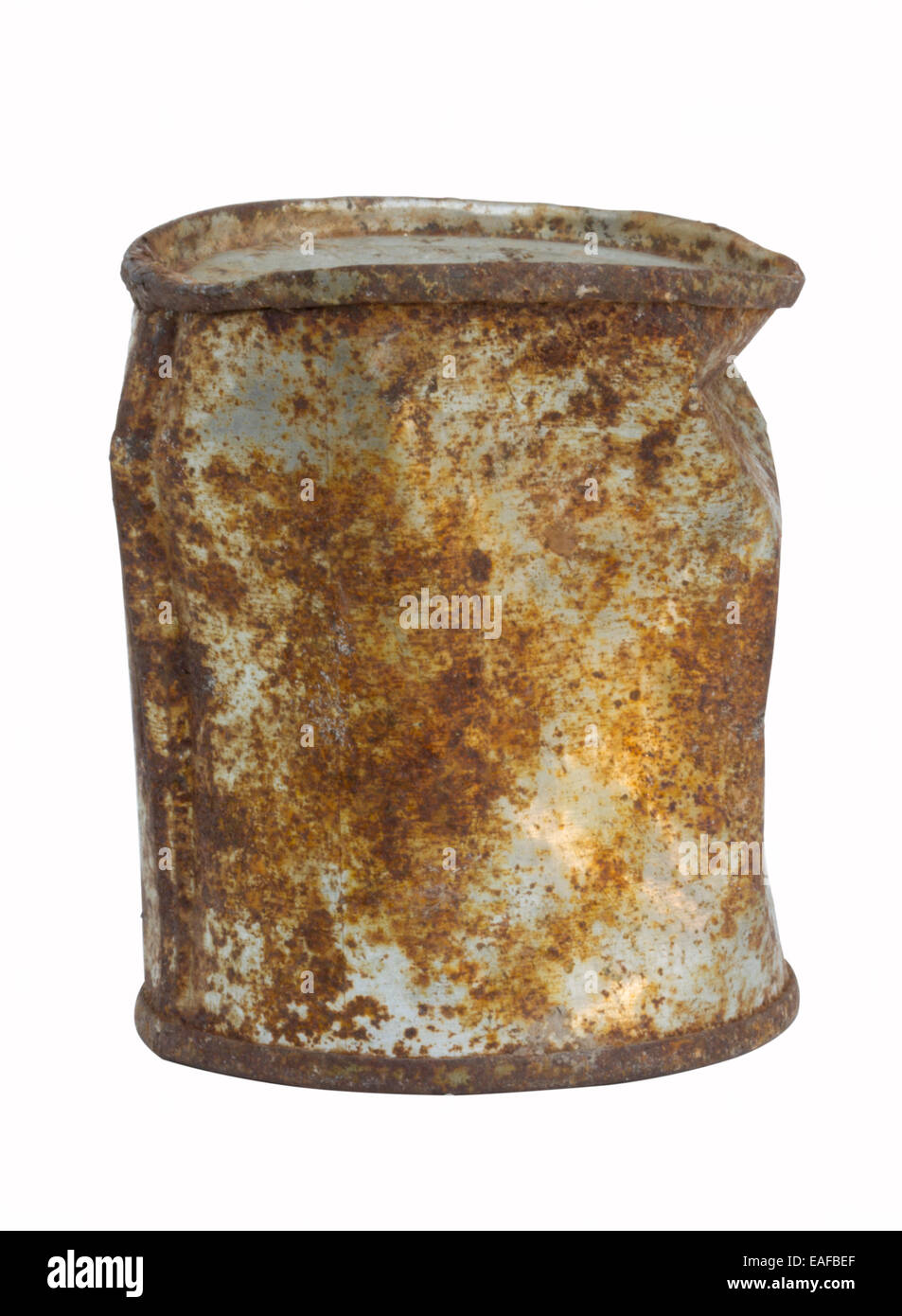Old rusty tin can on white background Stock Photo - Alamy