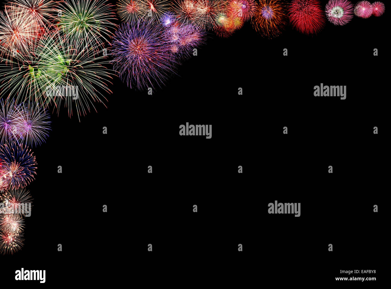 fireworks colorful group top left edge frame on black background Stock ...