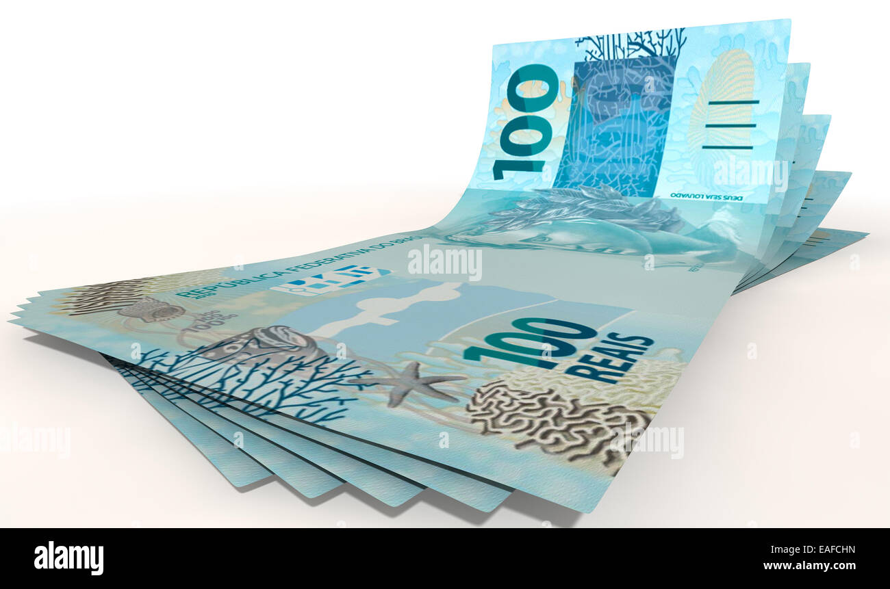 A group of five real banknotes fanned out and curved on an isolated ...