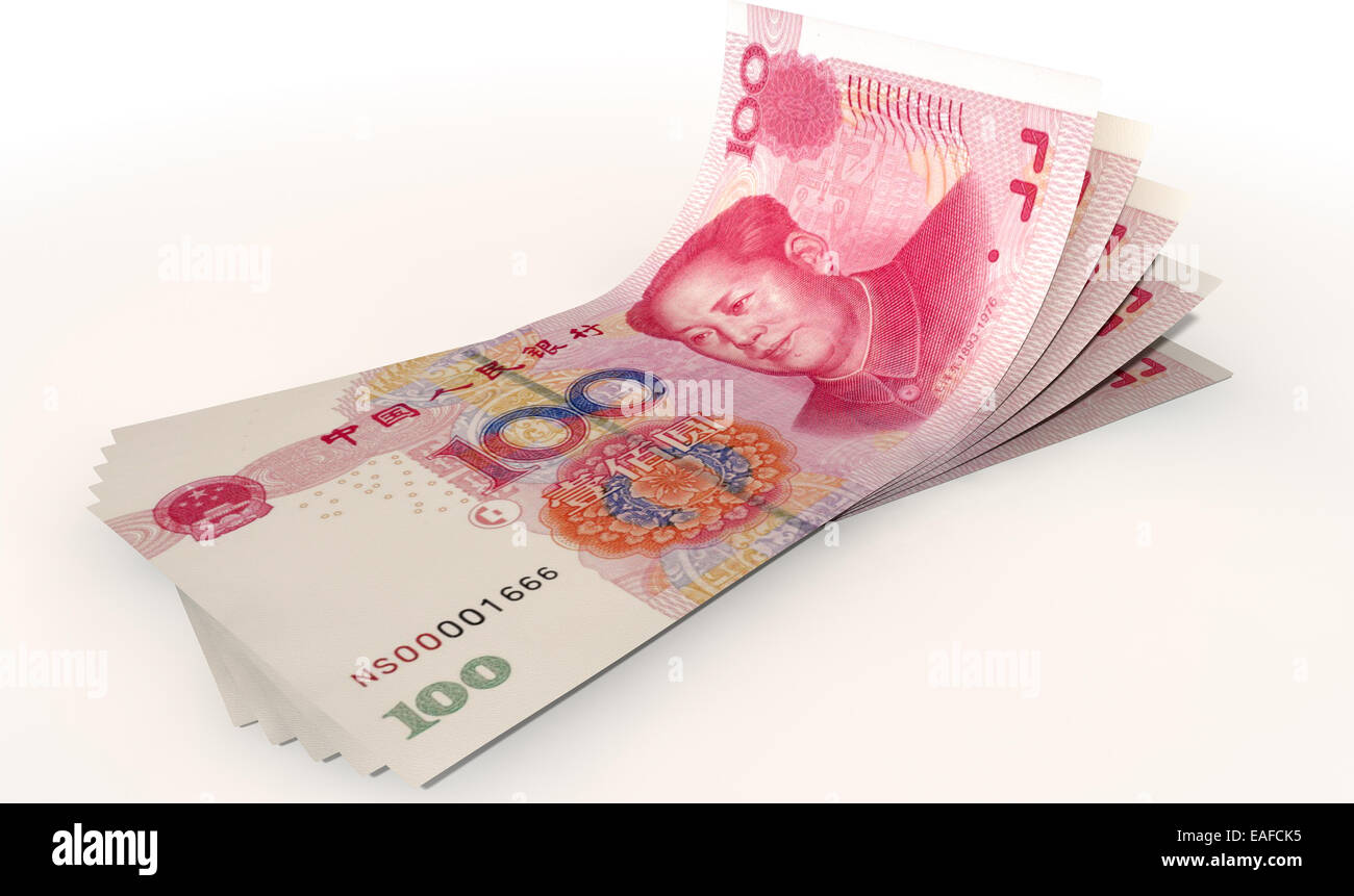 A group of five chinese yuan banknotes fanned out and curved on an ...