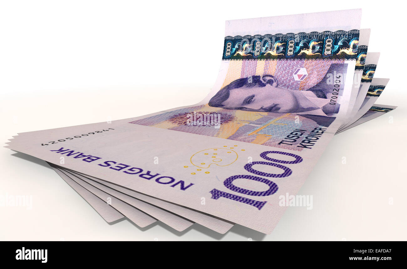 A group of five norwegian kroner banknotes fanned out and curved on an ...