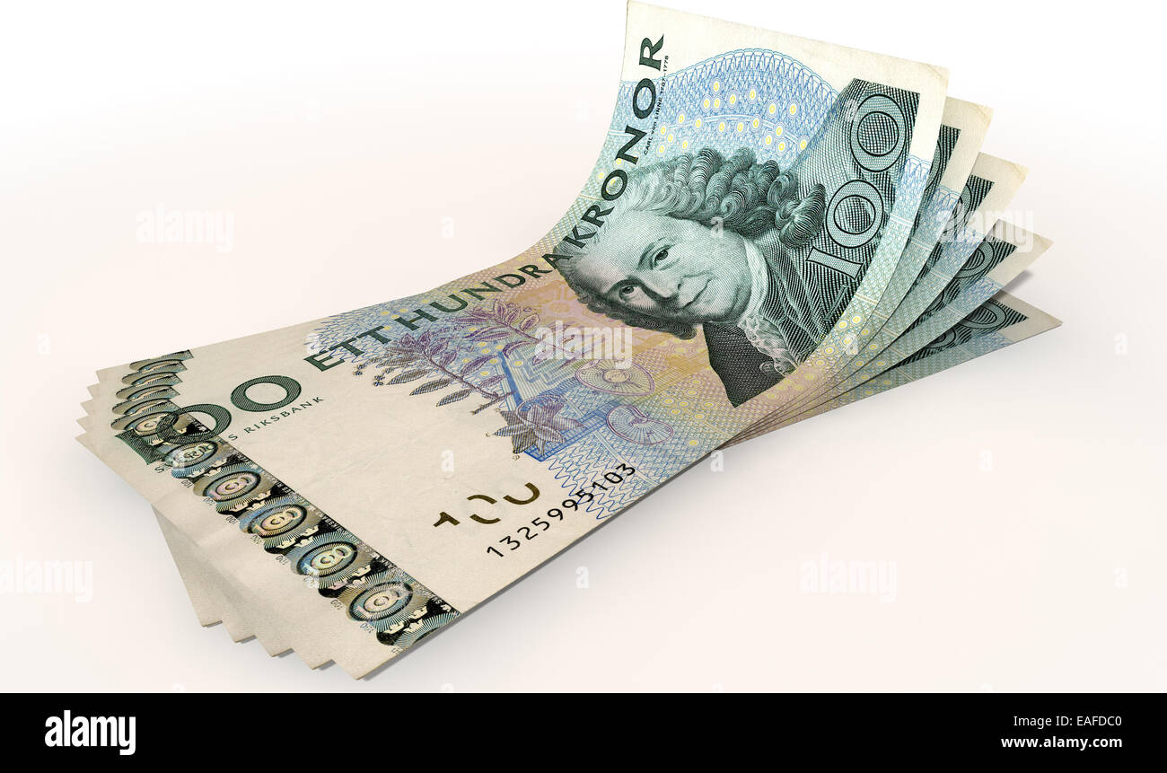 A group of five swedish kronor banknotes fanned out and curved on an ...