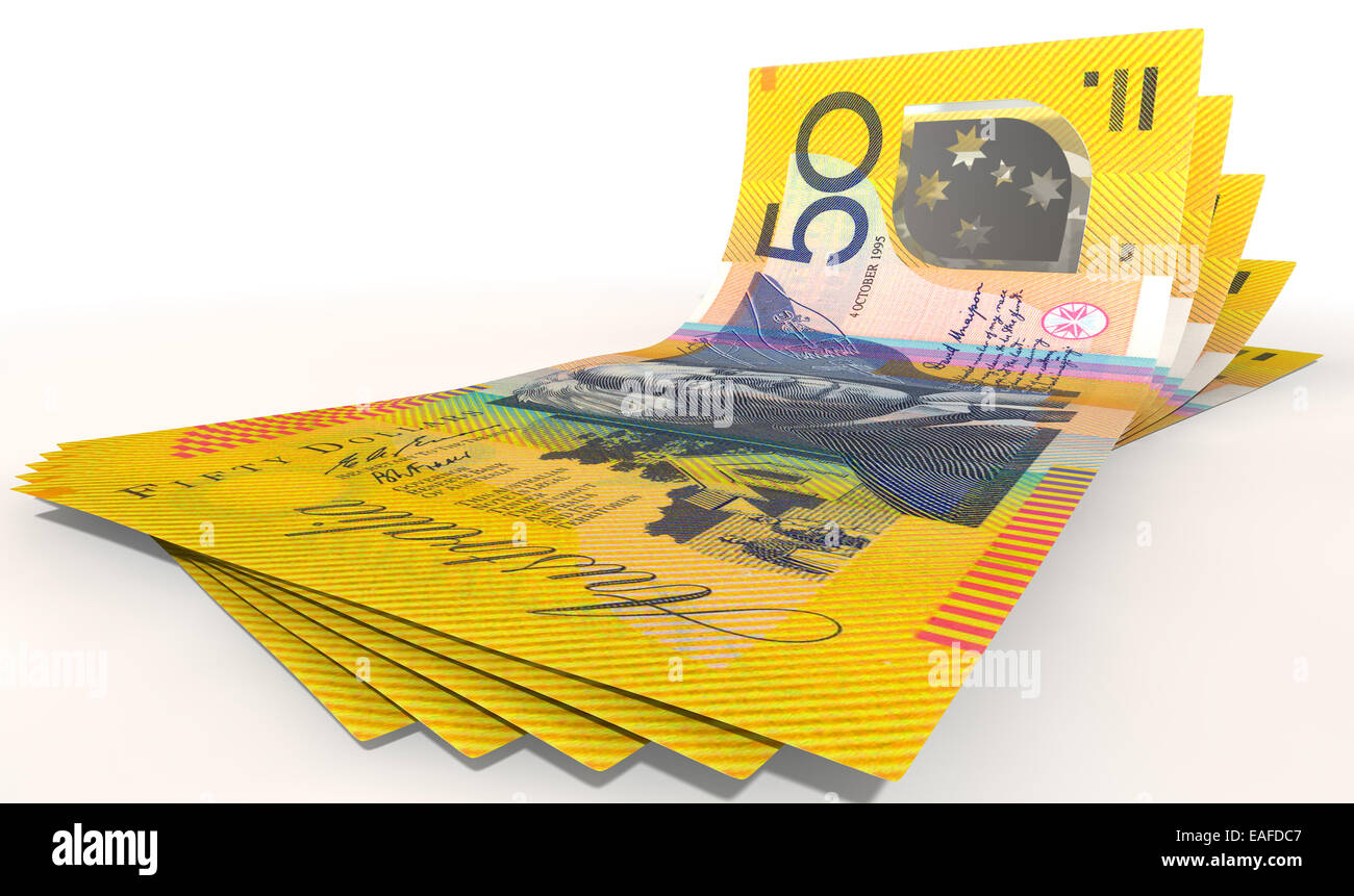 A group of five australian dollar banknotes fanned out and curved on an ...