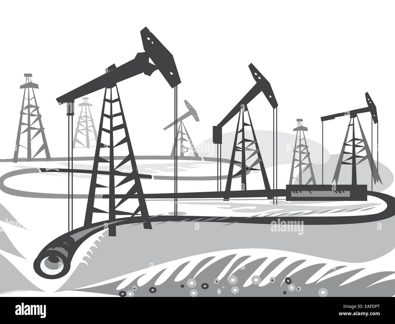 Hand drawn oil rigs in black and white illustration Stock Photo - Alamy