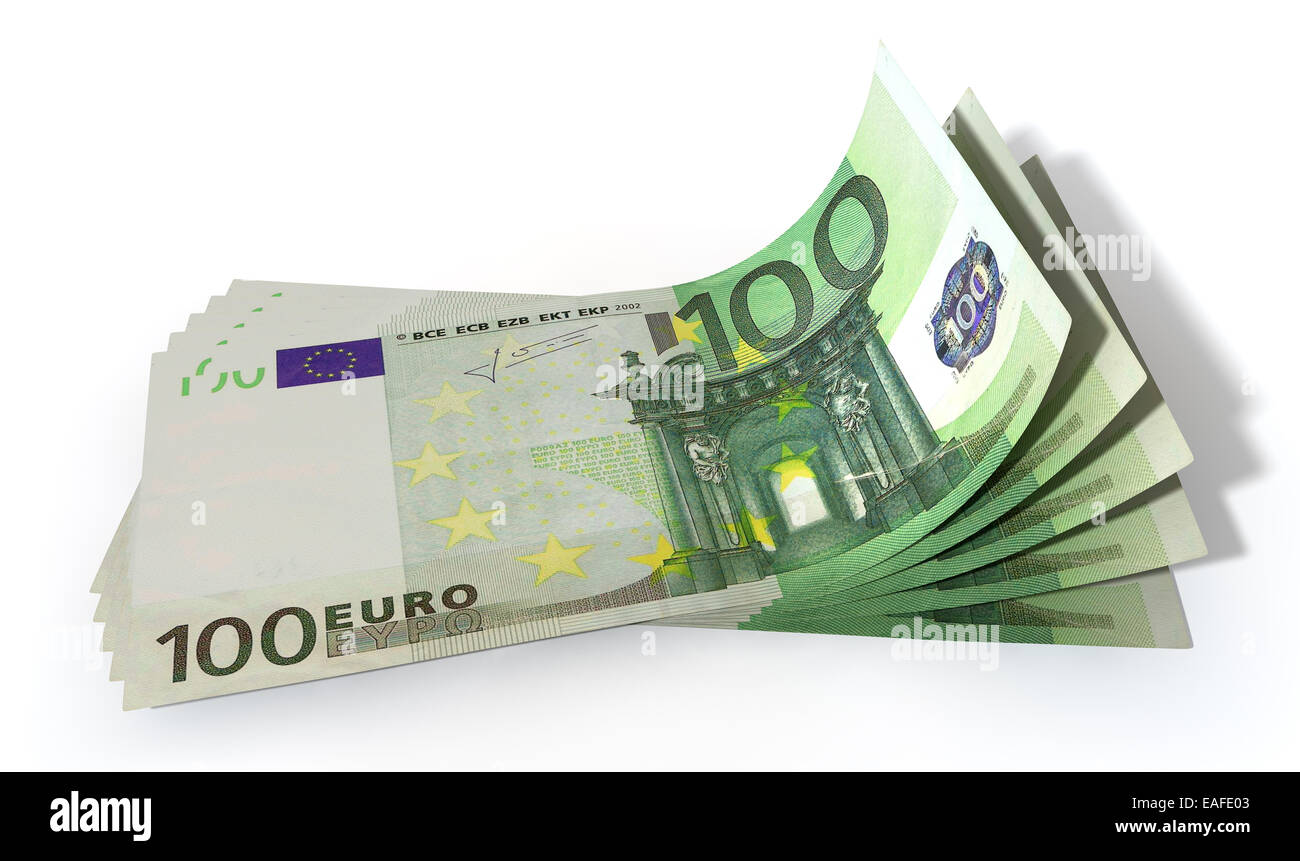 A group of five euro banknotes fanned out and curved on an isolated ...