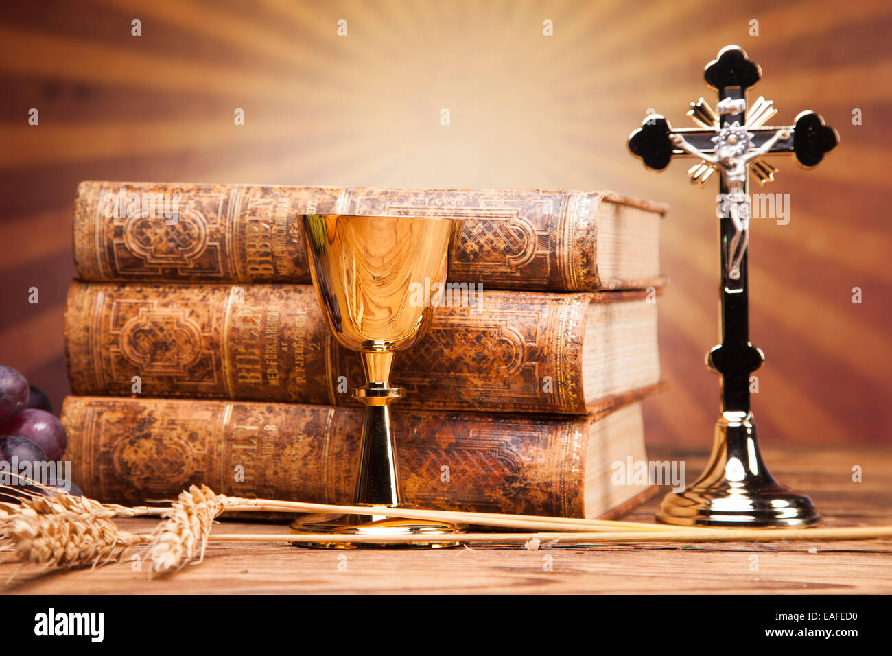 Sacred objects, bible, bread and wine Stock Photo - Alamy