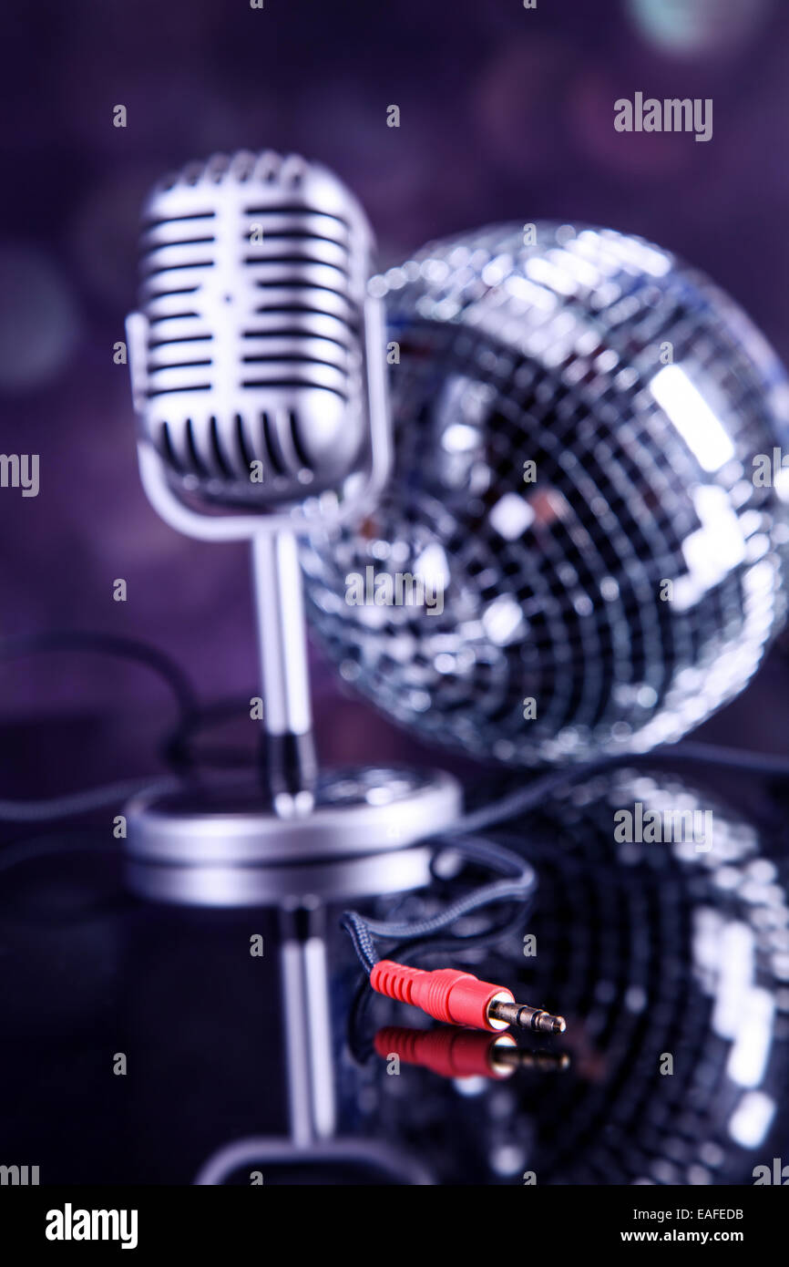 Professional silver microphone on a black glossy background Stock Photo ...