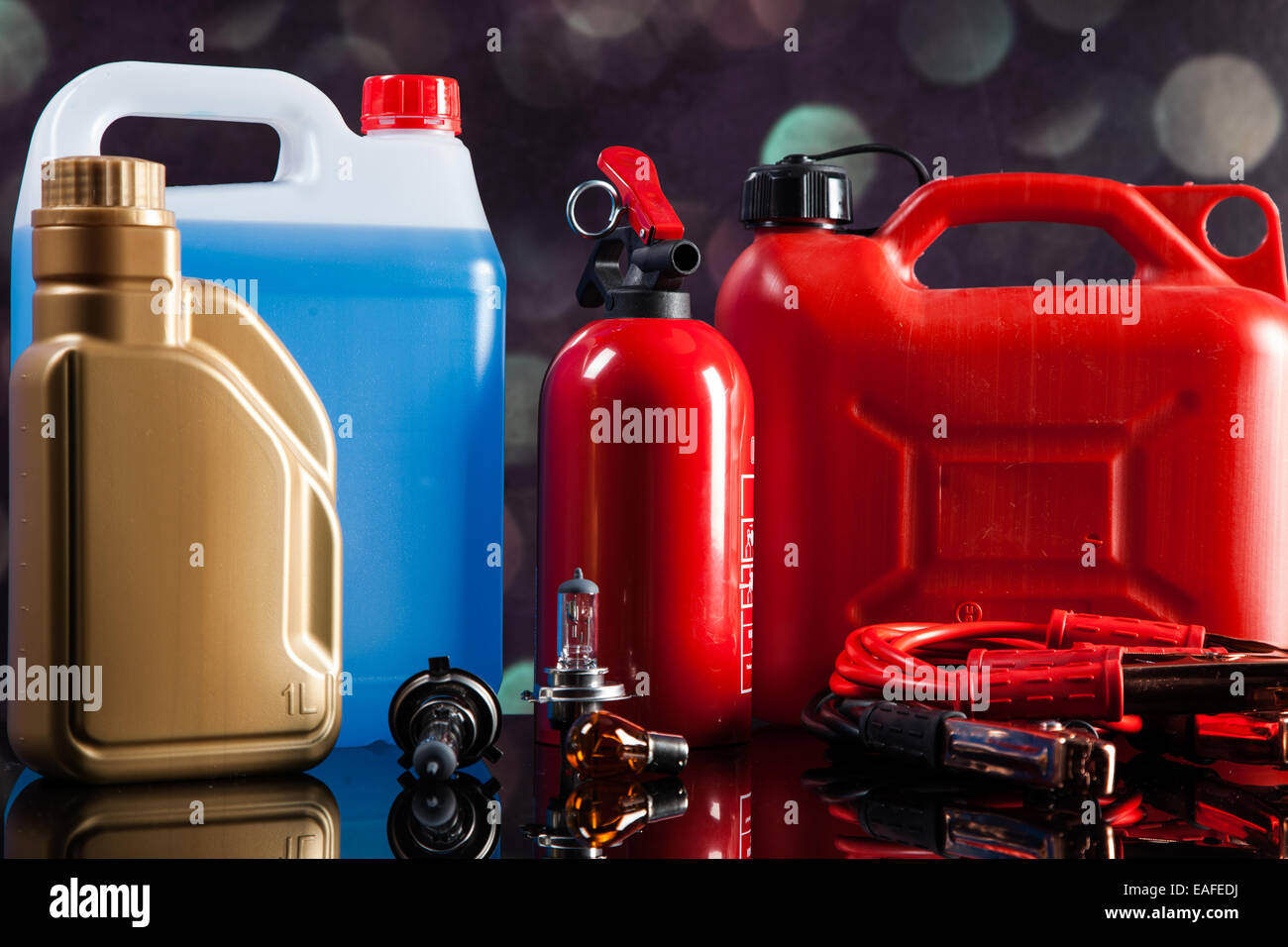 Essential elements in any car. Bulbs, fluids and battery! Stock Photo ...