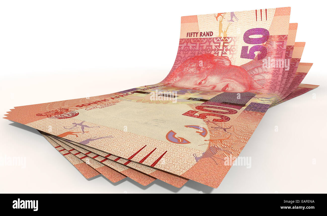 A group of five rand banknotes fanned out and curved on an isolated ...