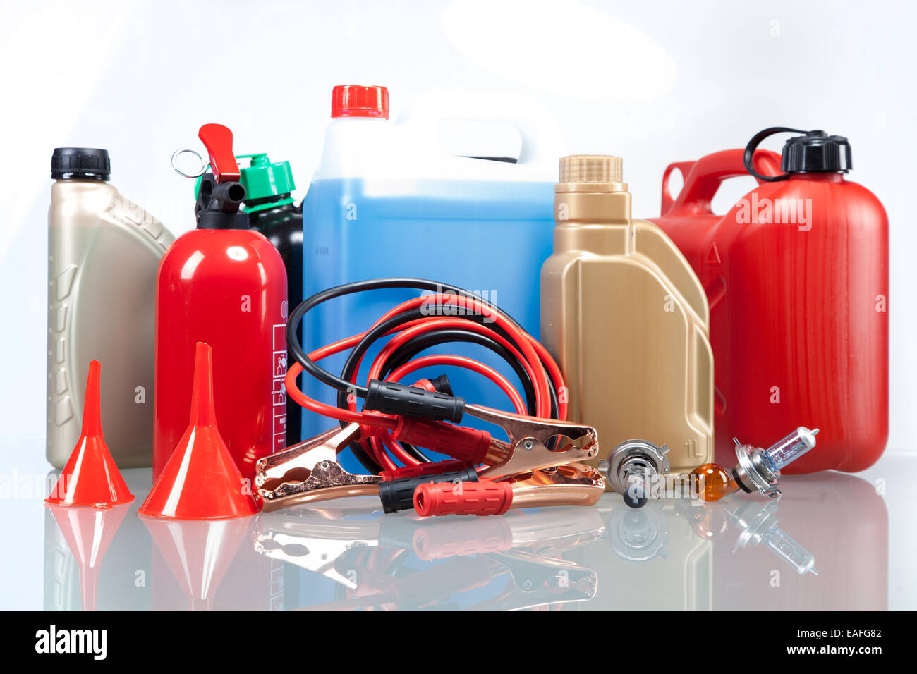 Essential elements in any car. Bulbs, fluids and battery! Stock Photo ...