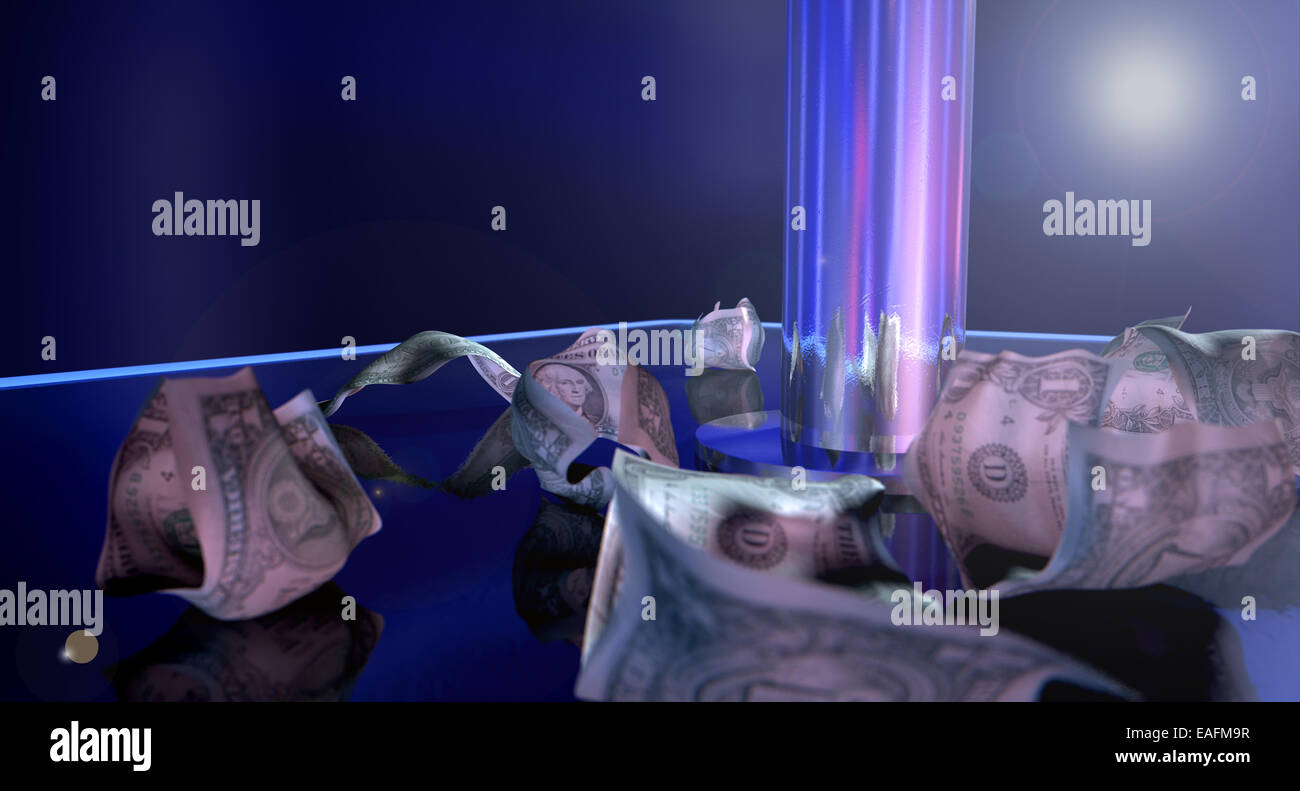 An isolated stripper pole on a stage lit by a single spotlight ...