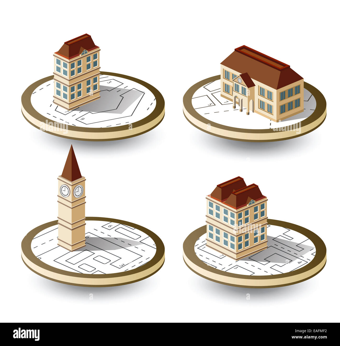 Isometric old houses on a round base Stock Photo - Alamy