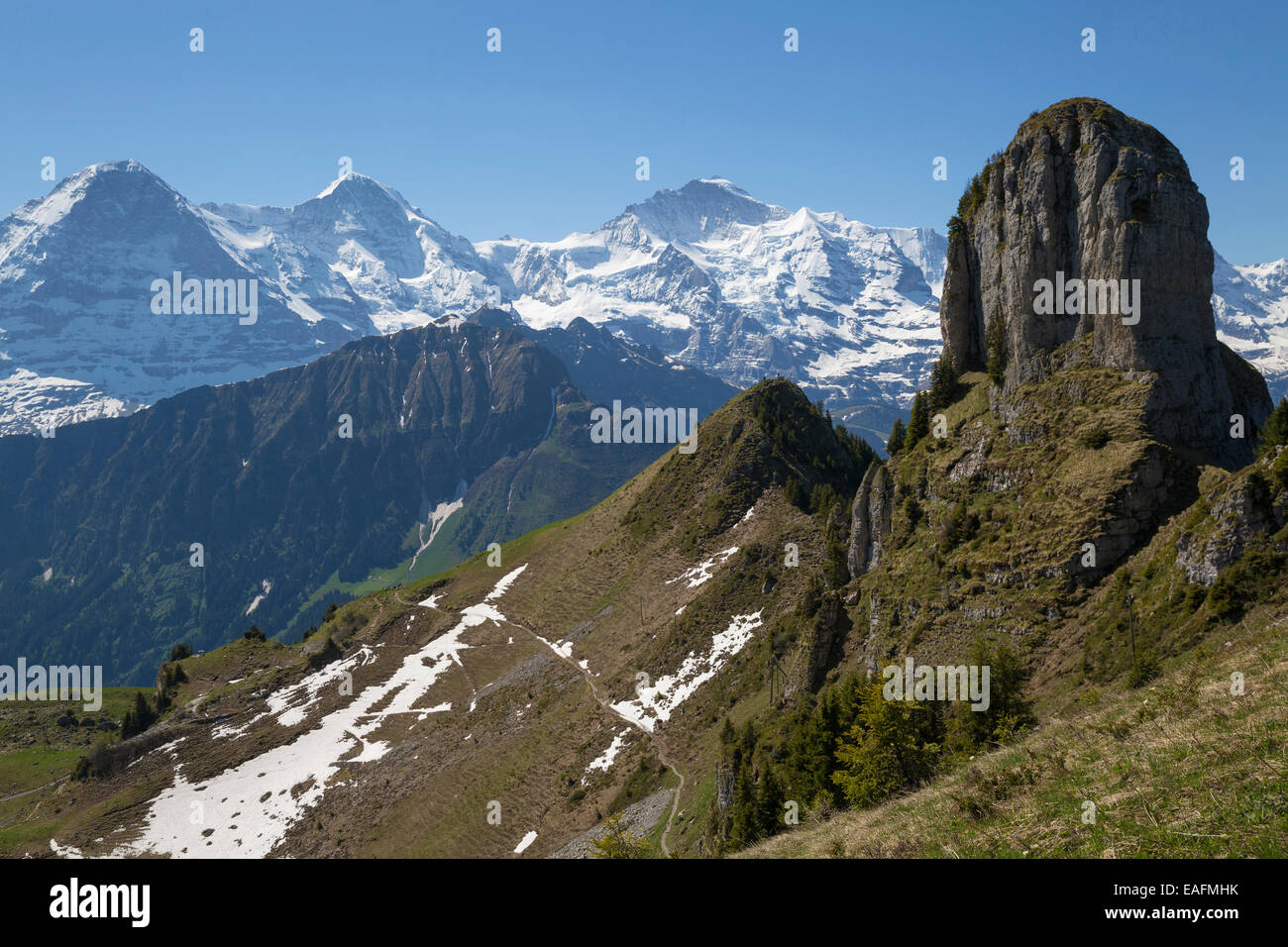 Alpine landscape the moutains Oberberghorn Eiger Moench Jungfrau Swiss ...