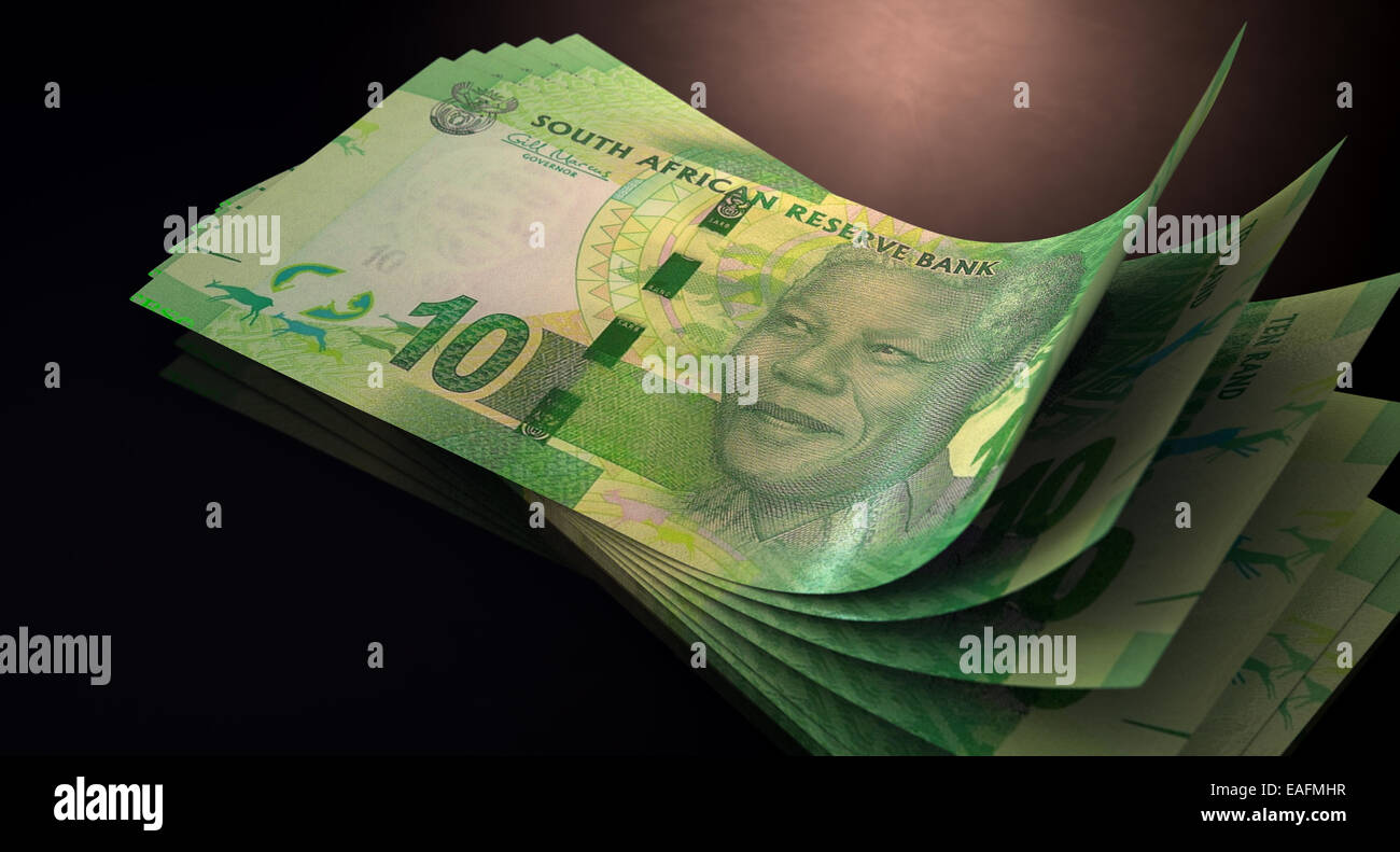 A group of five rand banknotes fanned out and curved on an isolated ...