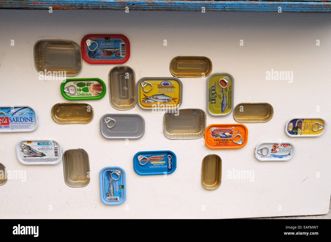 Empty sardine tines set in a gallery wall Lipari island Sicily Italy ...