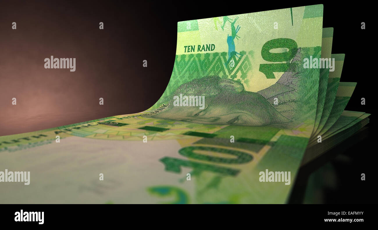A group of five rand banknotes fanned out and curved on an isolated ...