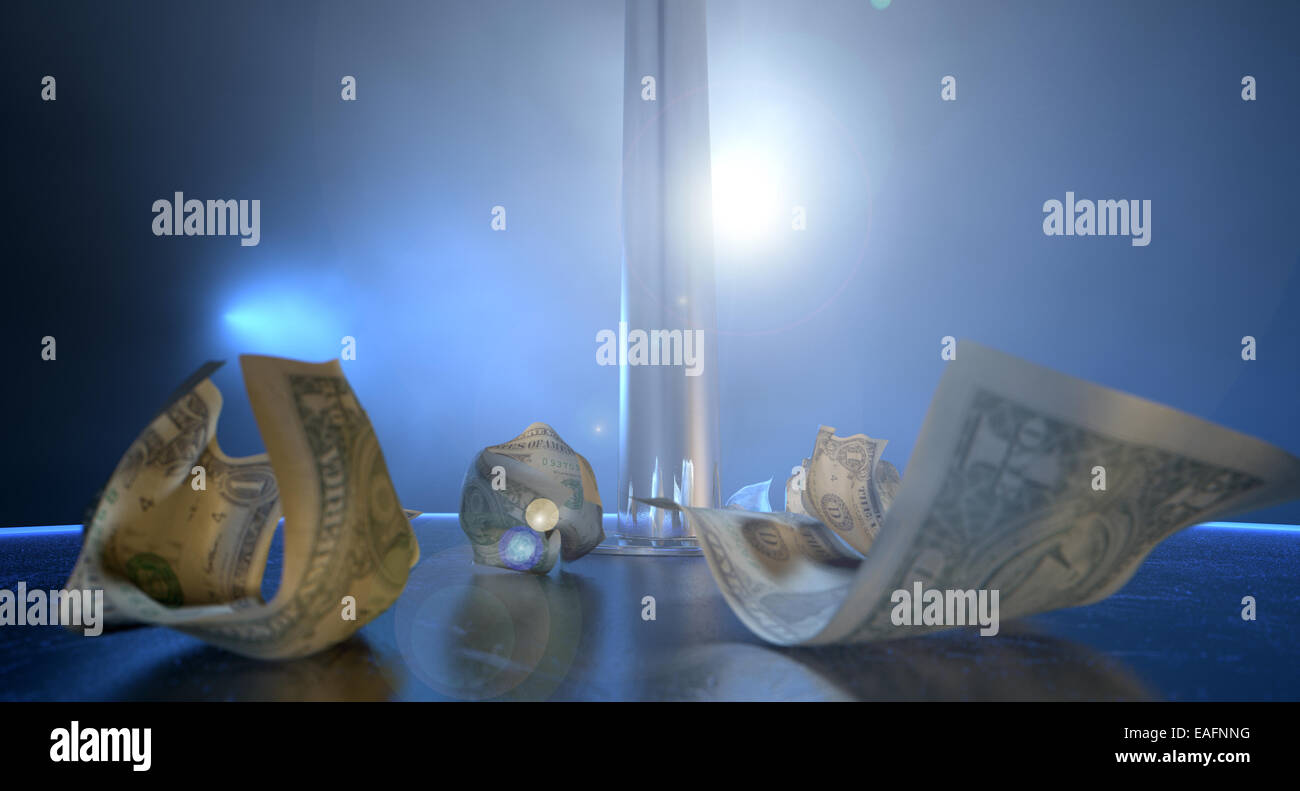 An isolated stripper pole on a stage lit by a single spotlight ...