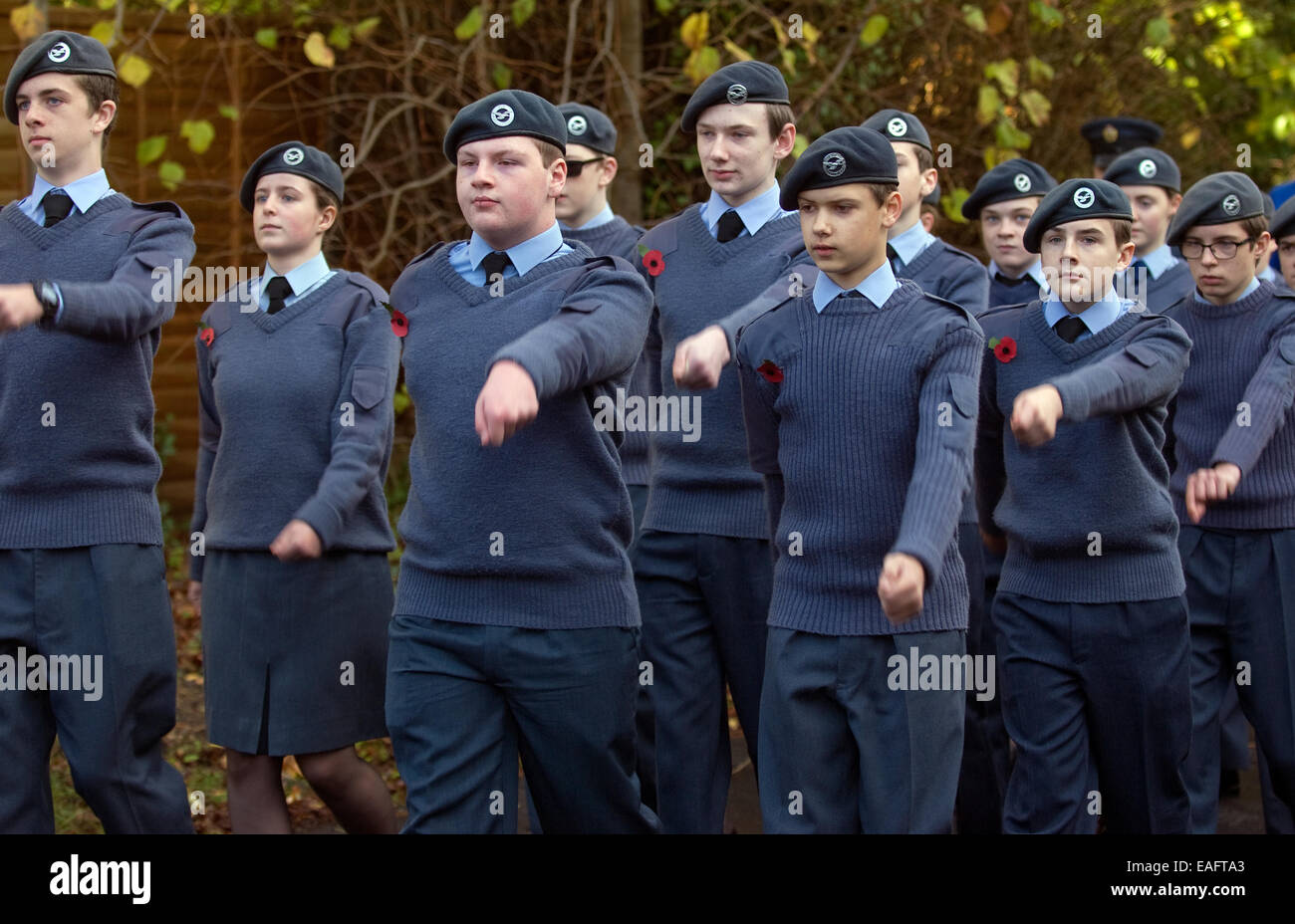 Air Training cadets marching to local war memorial on Remembrance ...