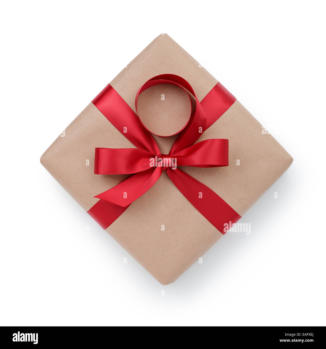 kraft paper gift box with ribbon bow from above, white background Stock ...