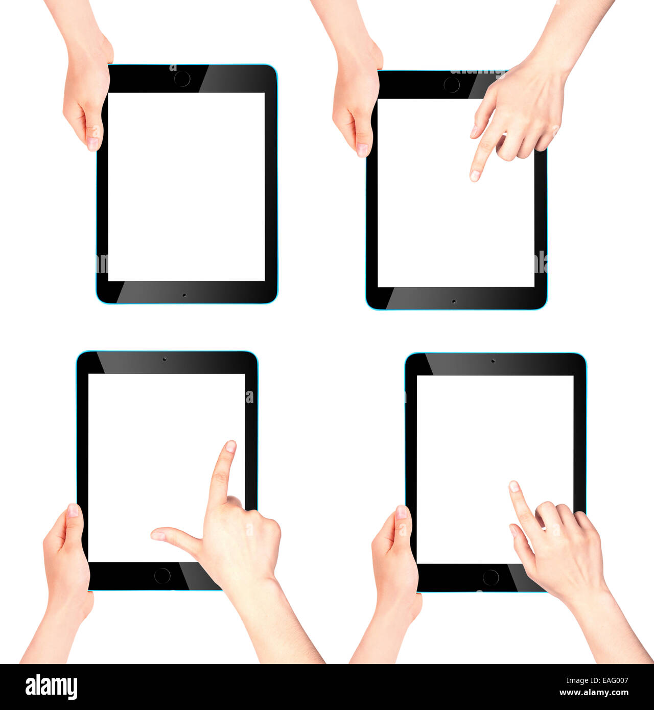 Touch screen tablet computer with blank screen and woman hand isolated ...