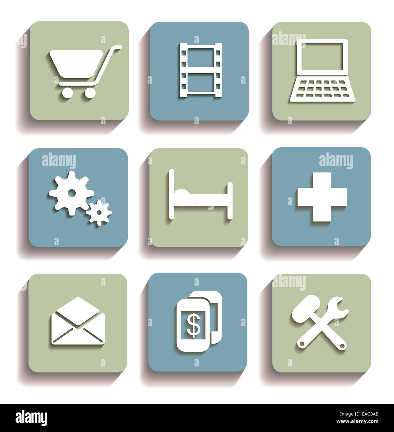 Icons of different colors with icons with drop shadow Stock Photo - Alamy