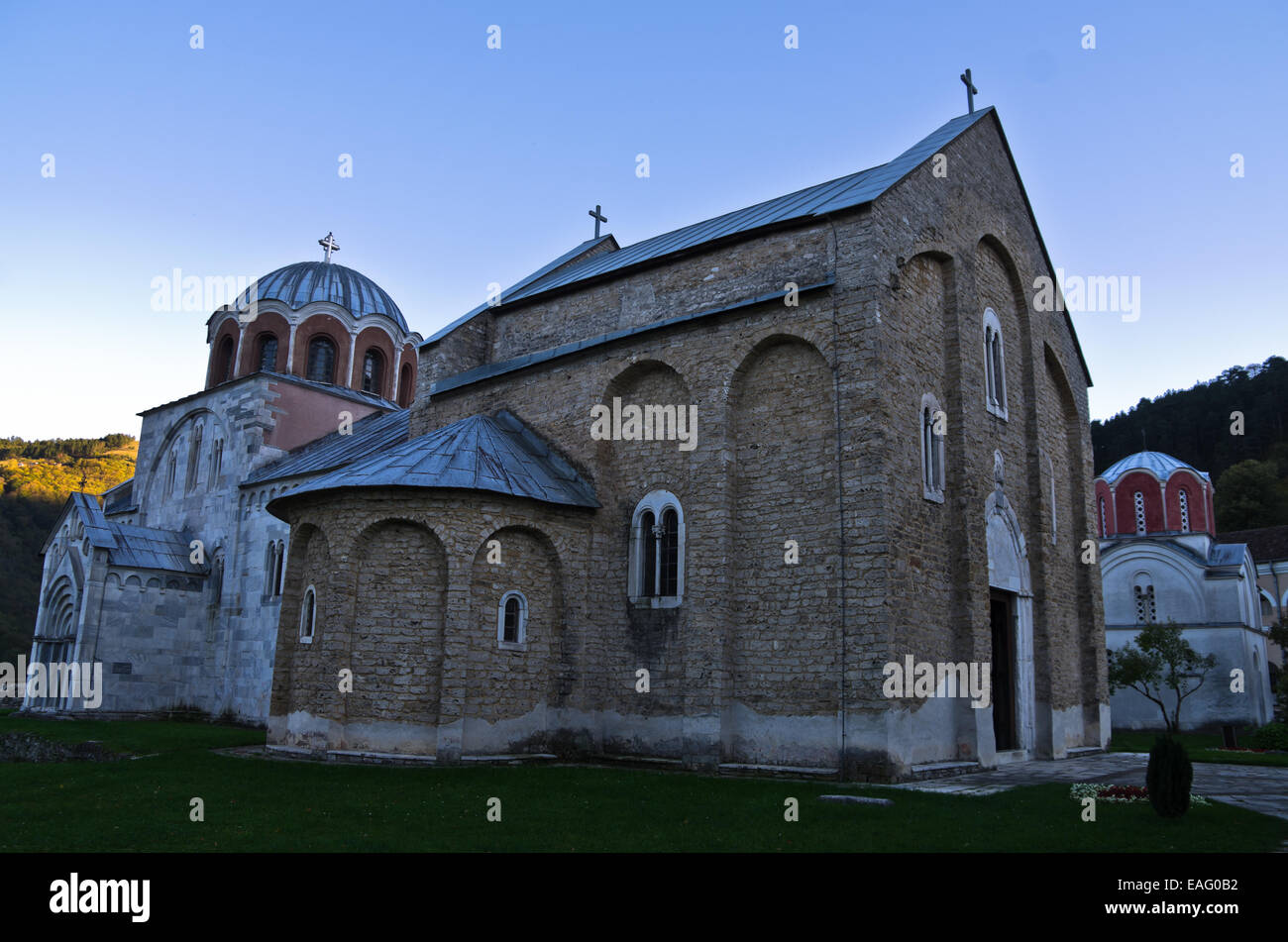Two churches inside Studenica monastery at sunset Stock Photo - Alamy