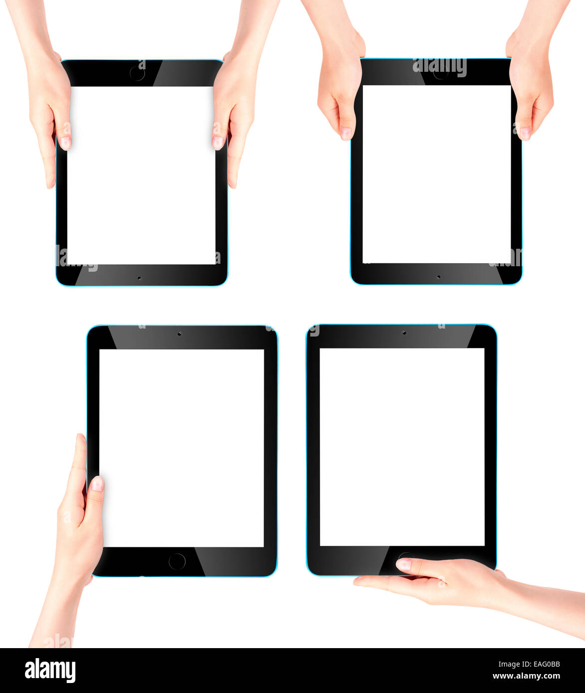 Touch screen tablet computer with blank screen and woman hand isolated ...