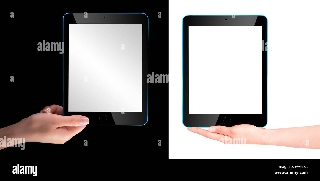 Touch screen tablet computer with blank screen and woman hand isolated ...