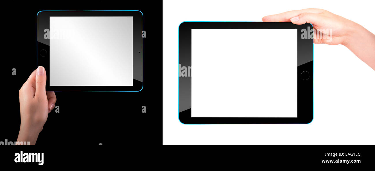Touch screen tablet computer with blank screen and woman hand isolated ...