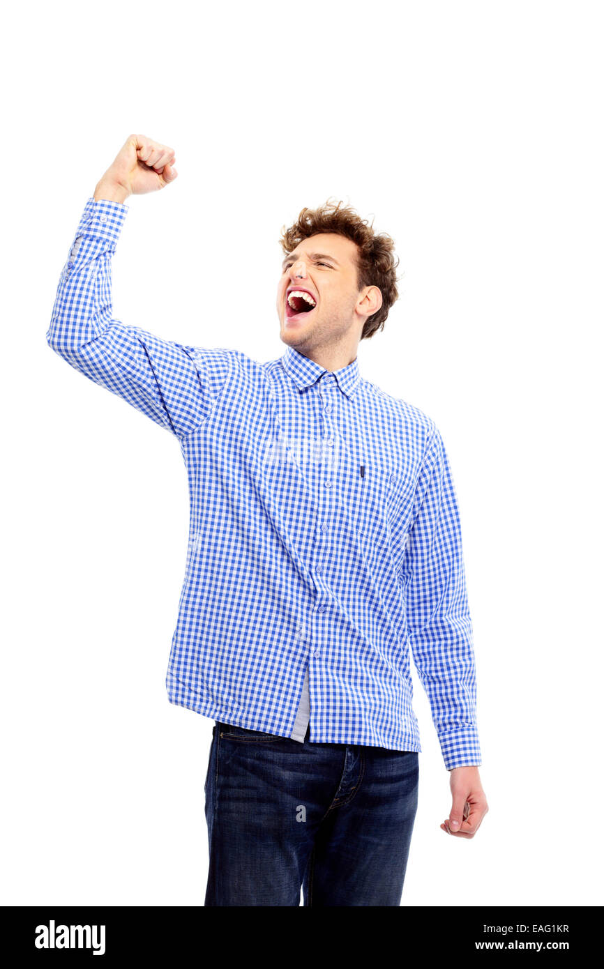 Successful man with arm up isolated on a white background Stock Photo ...