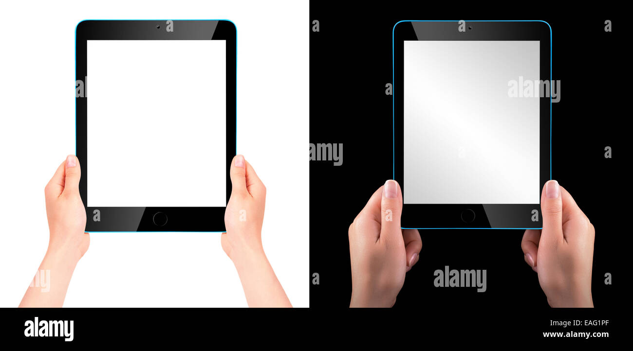 Touch screen tablet computer with blank screen and woman hand isolated ...