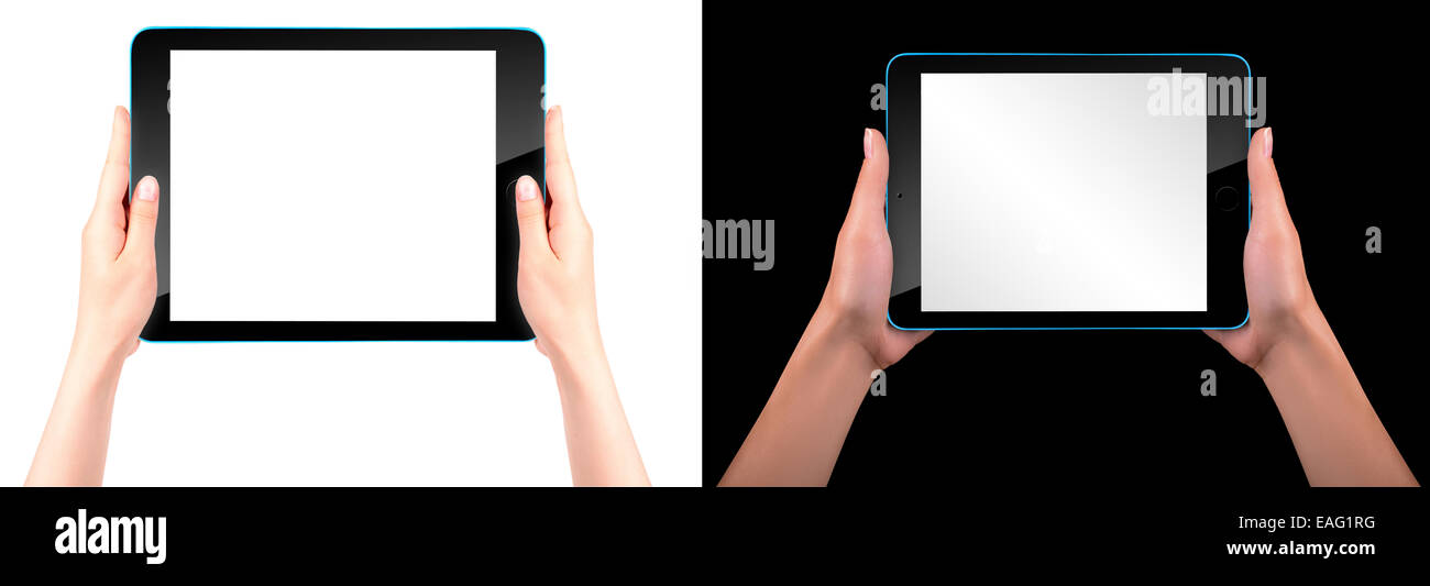 Touch screen tablet computer with blank screen and woman hand isolated ...