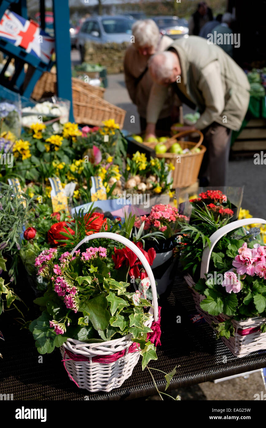 Flowers fruit and vegetables on display at farm shop Derbyshire England ...