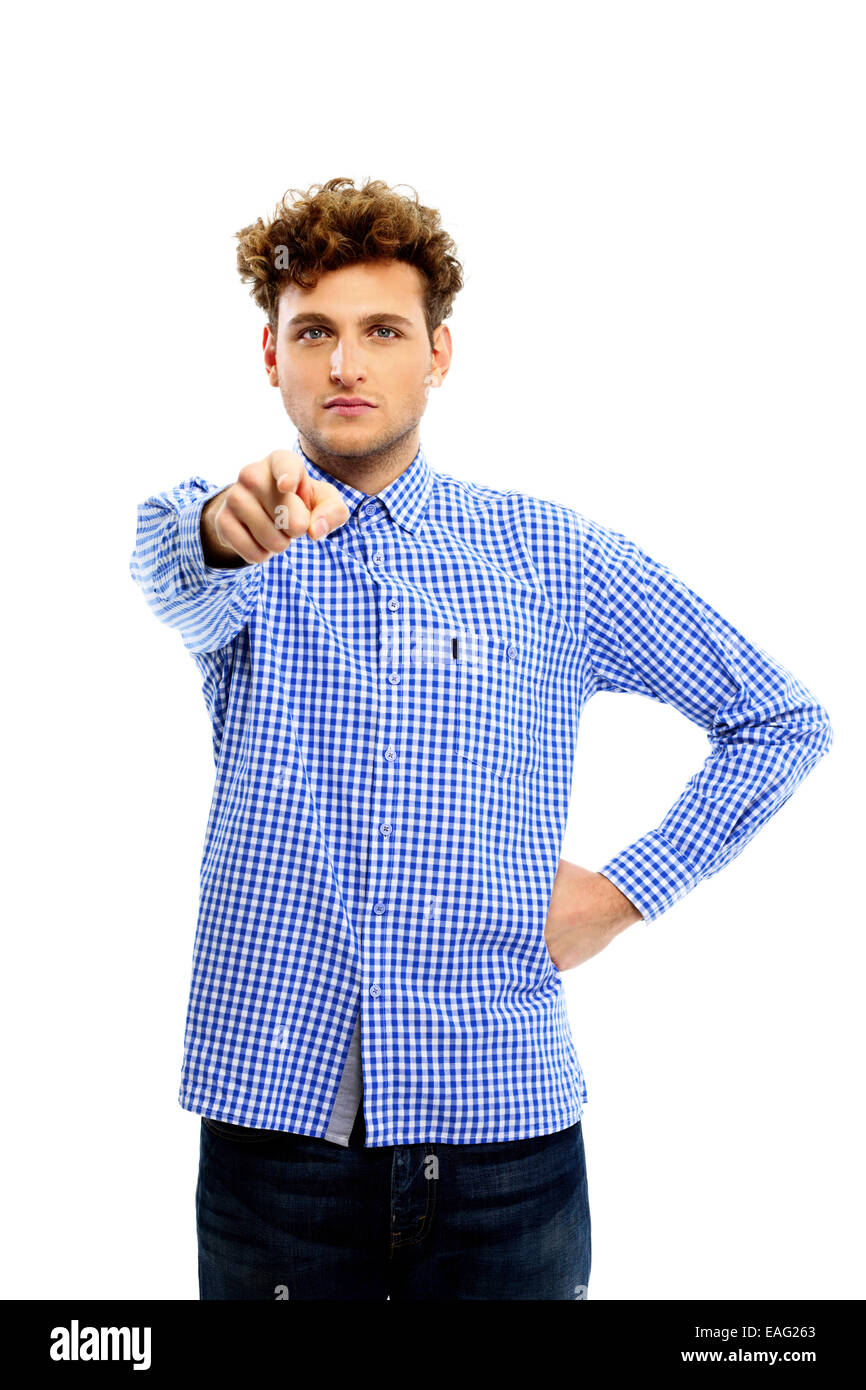 Serious man pointing at you over white background Stock Photo - Alamy