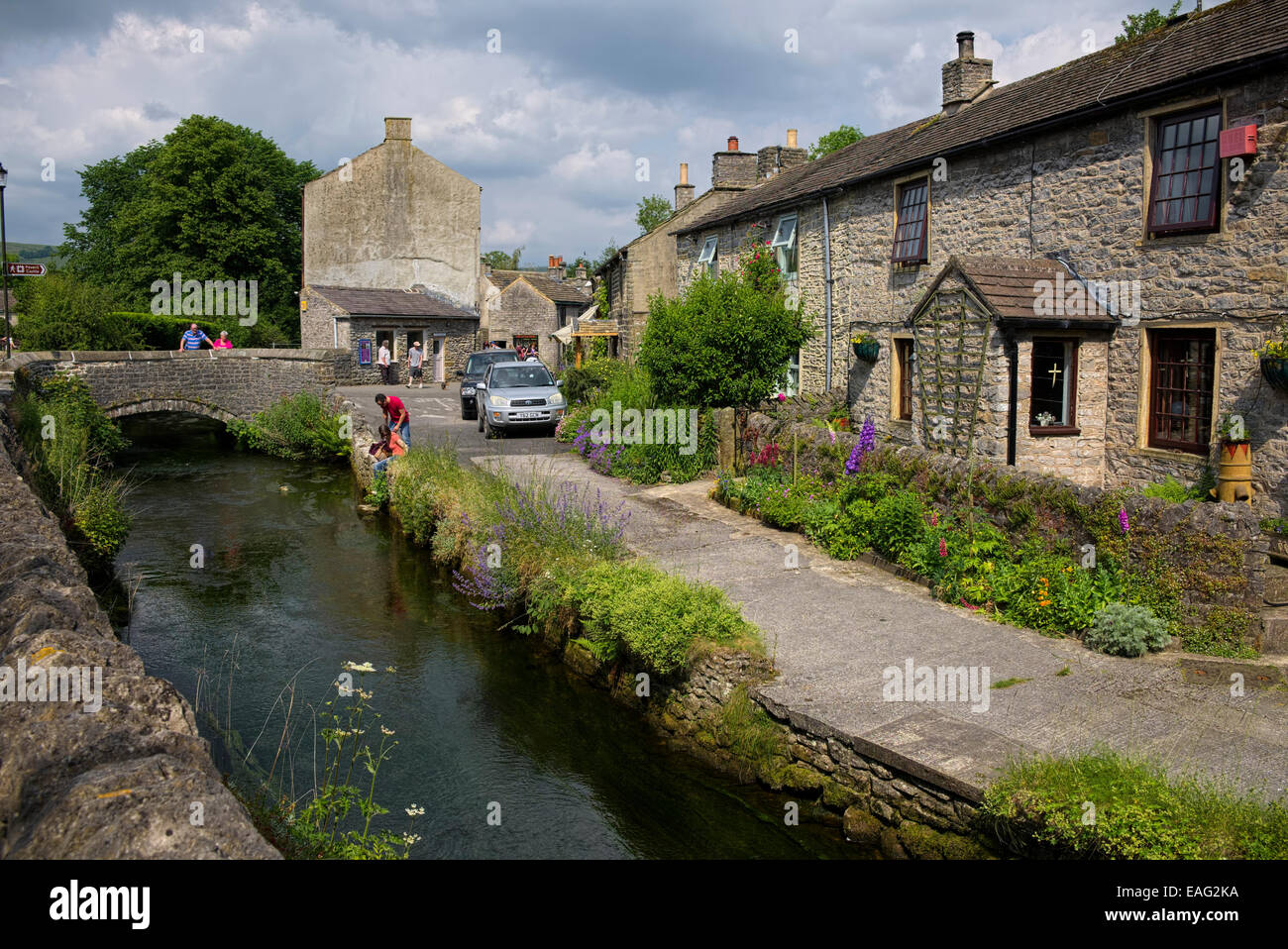 Small stream and bridge with stone cottages in the Peak District ...