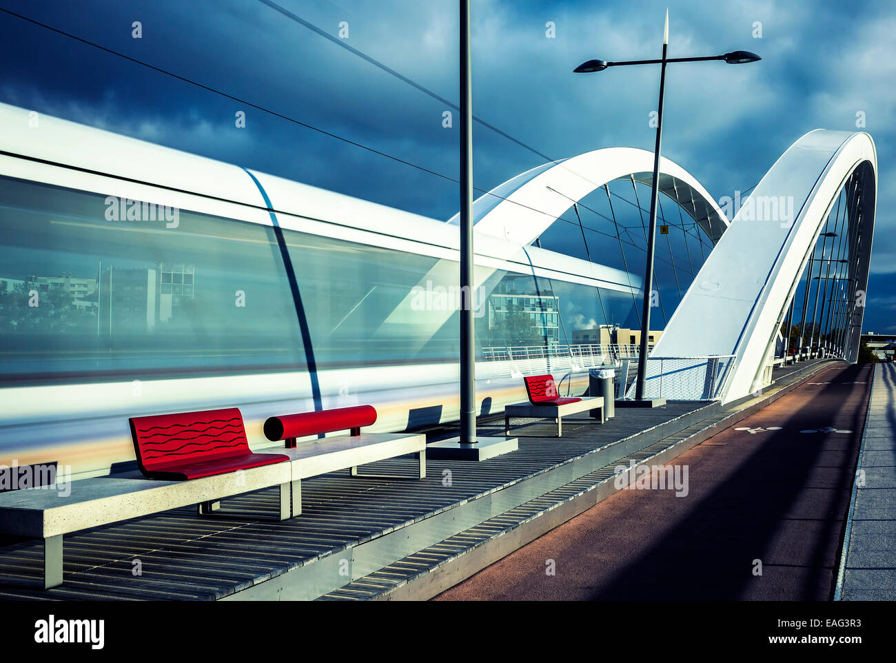 Vertical view of Tramway crossing the bridge, Lyon, France Stock Photo ...