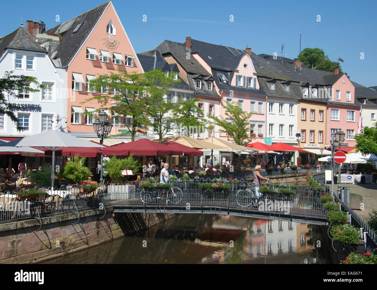 Riverside restaurants Leuk River picturesque centre Saarburg Saarland ...