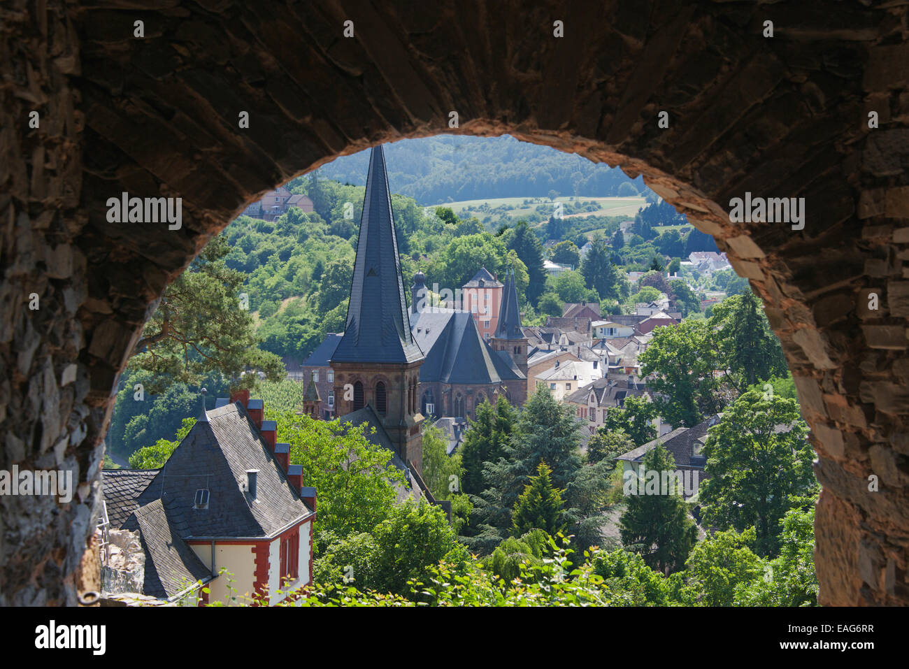 Saarburg town and church steeple from Saarburg Castle Saarland Germany ...