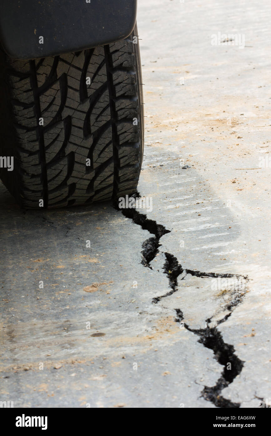 back view of tire tread and cracked asphalt Stock Photo - Alamy