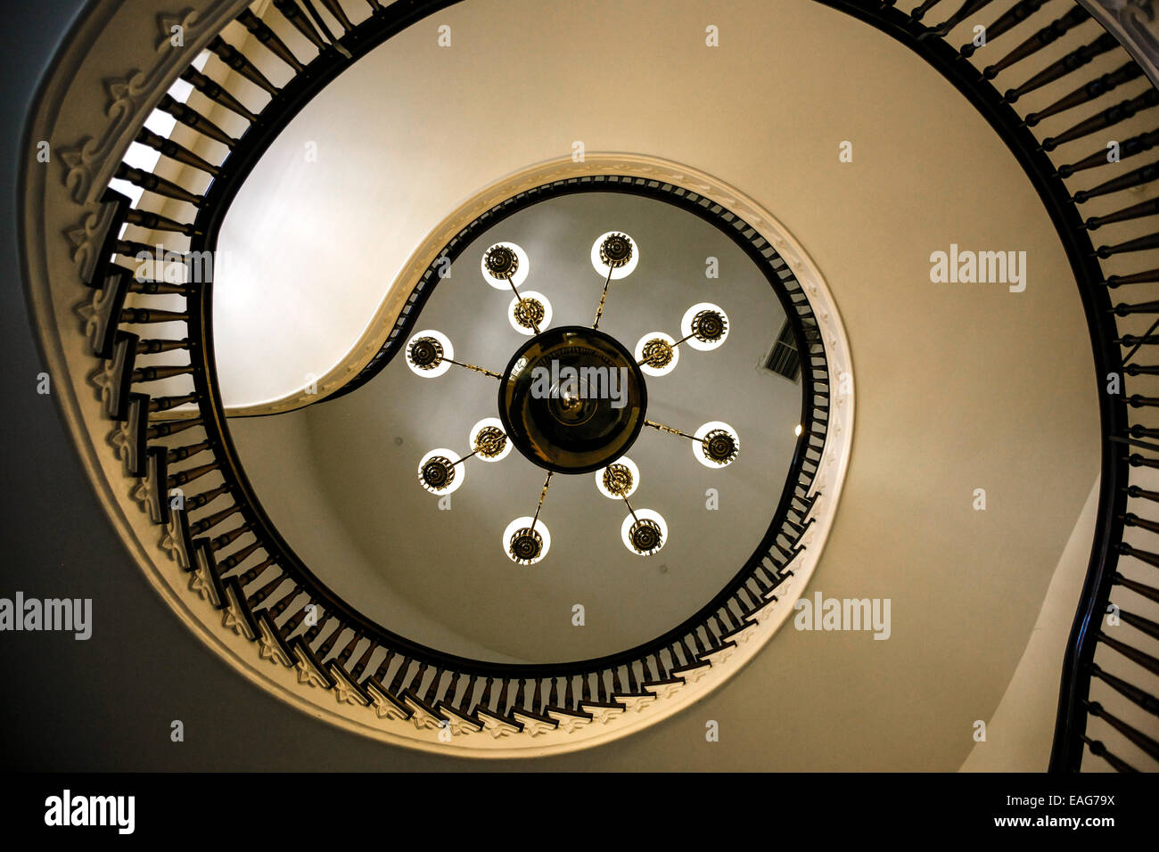 The spiral staircase leading up to the second and third floors of the ...