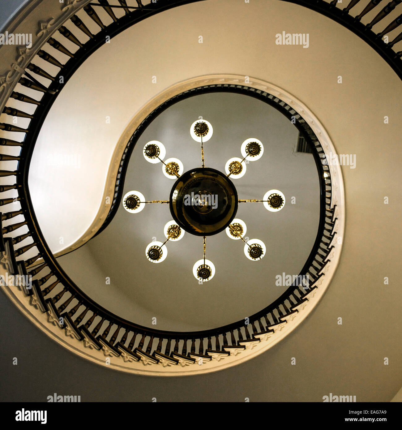 The spiral staircase leading up to the second and third floors of the ...