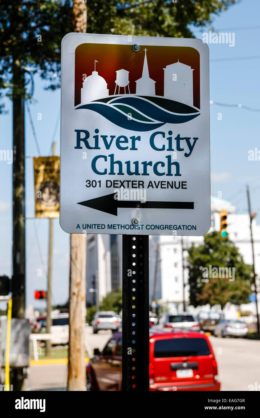 Sign pointing to the River City Church on Dexter Avenue in Montgomery ...