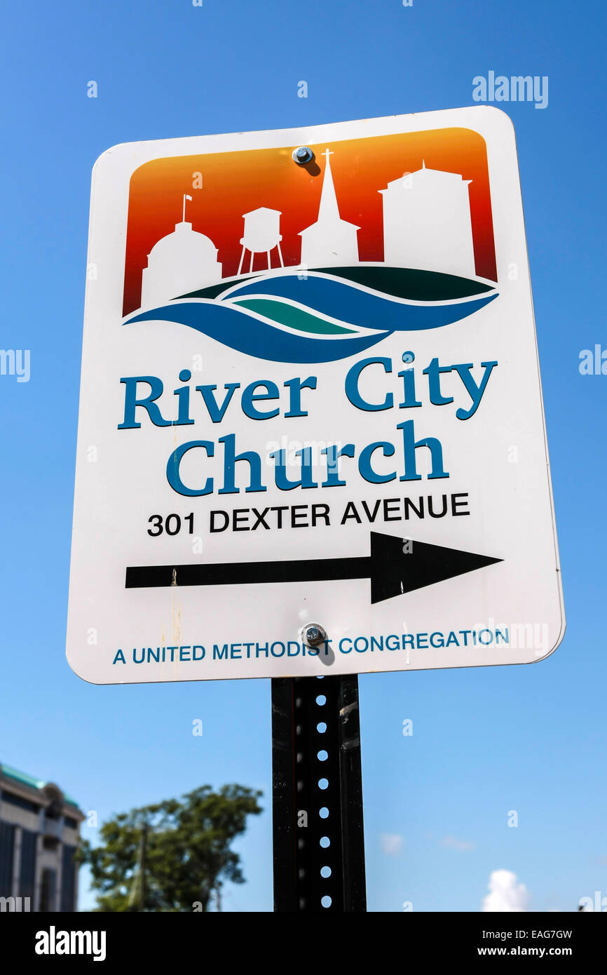 Sign pointing to the River City Church on Dexter Avenue in Montgomery ...