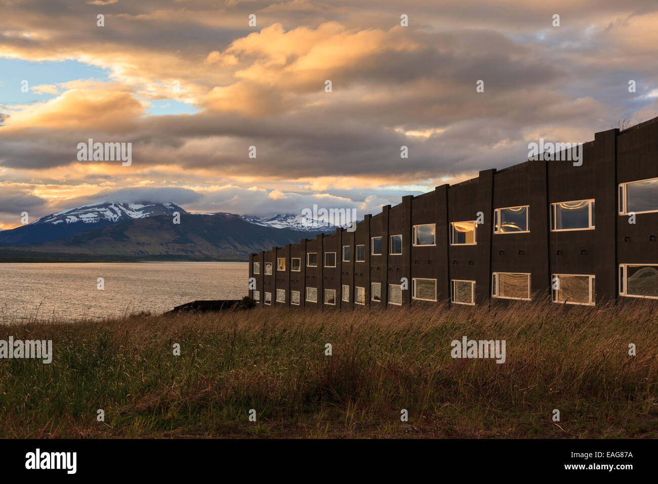 Facade of Remota Hotel, Puerto Natales, Ultima Esperanza Bay, Patagonia ...