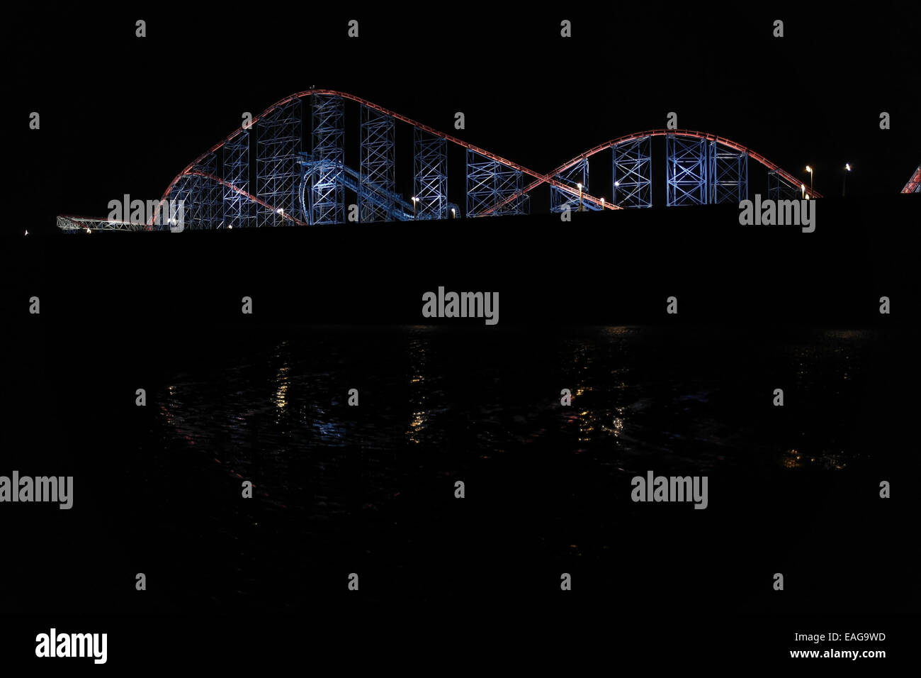 Night view, from beach with reflections, illuminated 'Big One ...